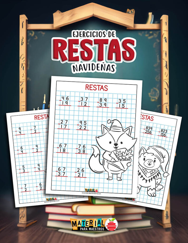 Hojas de restas con temática navideña - Material para Maestros