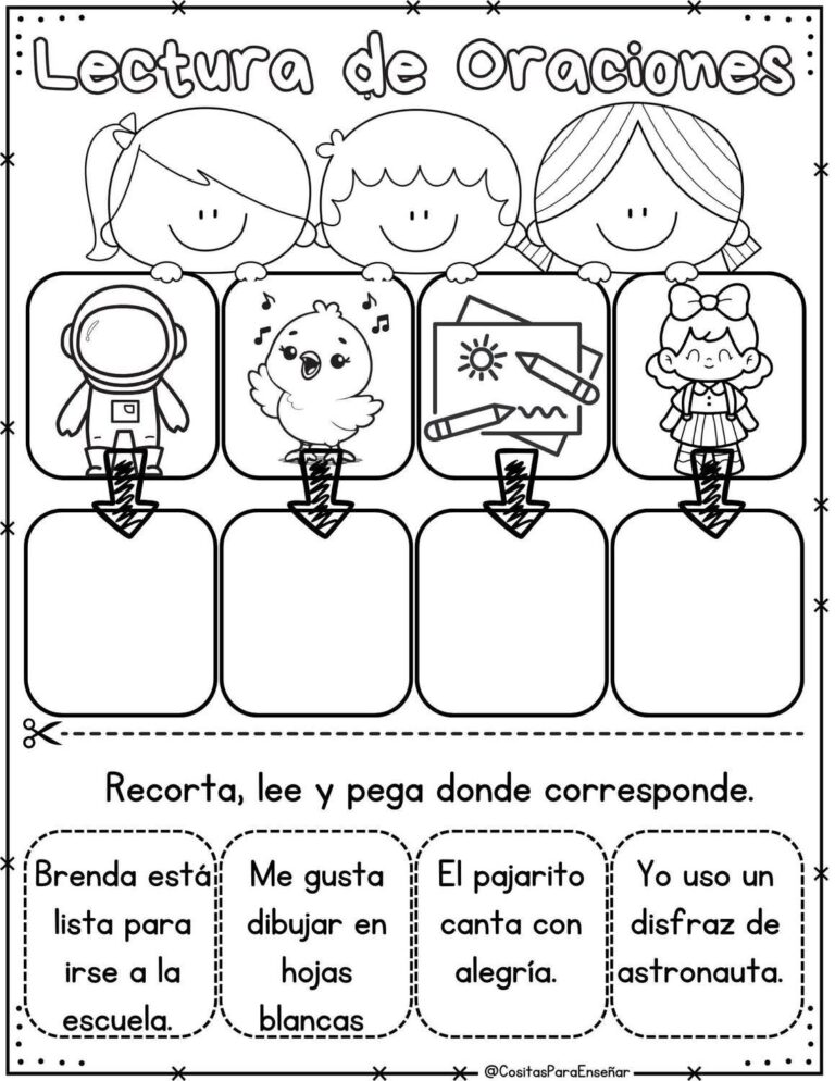 Actividad recortable de lectura de oraciones - Material para Maestros