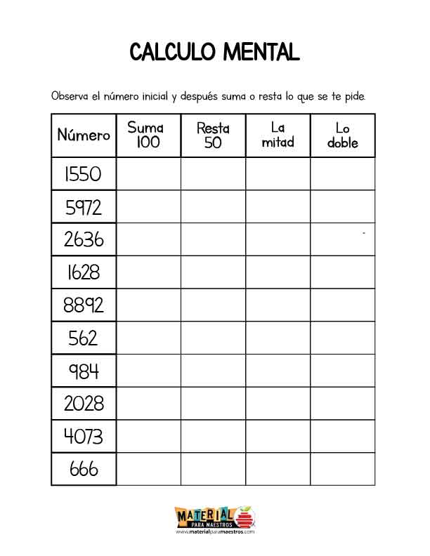 Hojas de calculo mental de suma, resta, la mitad y lo doble para 4°, 5 ...