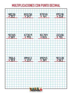 Hojas Para Practicar Las Multiplicaciones Con Punto Decimal Material